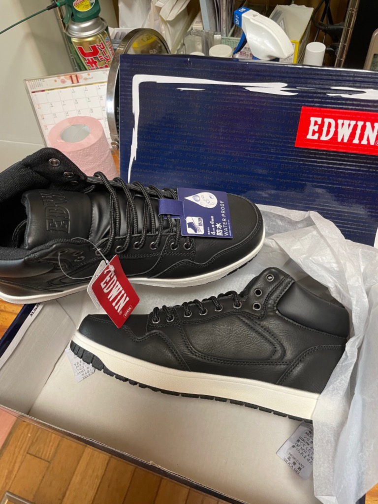 EDWIN エドウィン スニーカー メンズ 靴 ハイカット 黒 白 ホワイト ブラック 防水 ワイズ 幅広 3E 通勤 通学 ホワイトソール 人気 シンプル おしゃれ EDW-7974 : 靴 ...