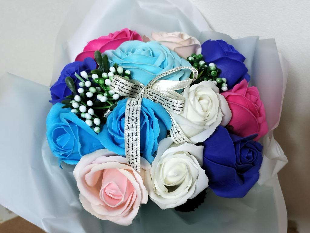 花束 ブーケ ソープフラワー シャボンフラワー ギフト ピンク ブルー 入学 入園 就職 合格 卒業 退職 送別会 お祝 結婚 誕生日 ラッピング 手渡し用 : Pastel Comfit ...